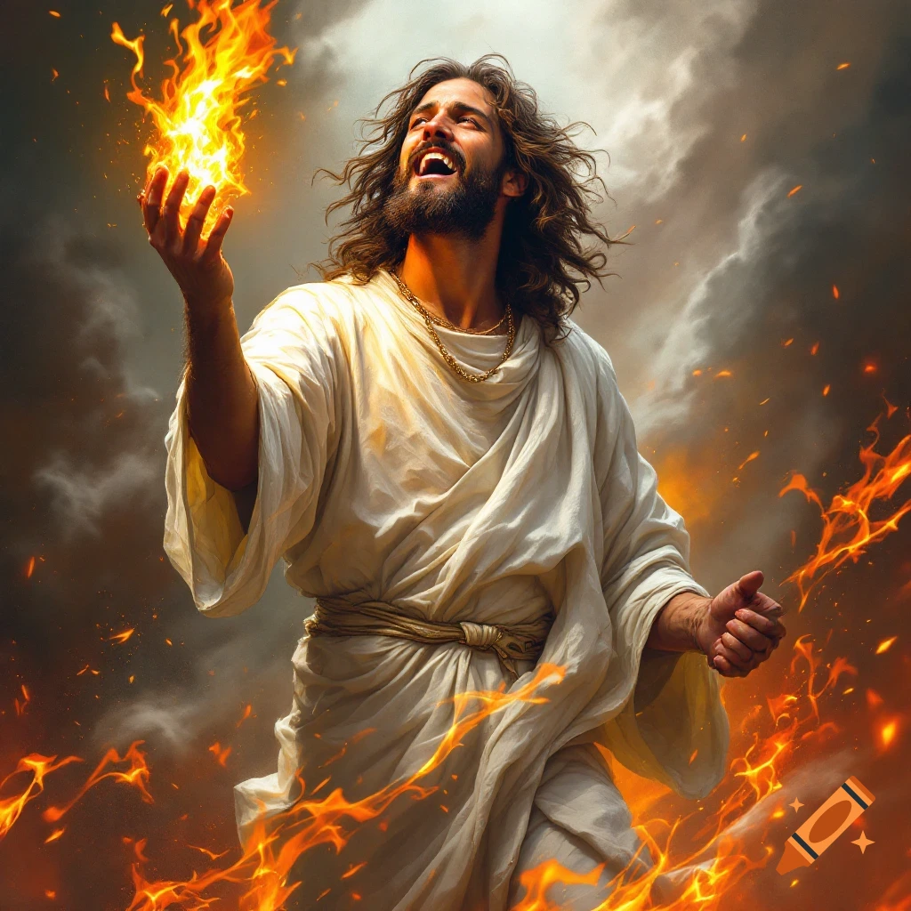 Jesus holding fire in his hand, looking up amidst smoke and flames. on ...