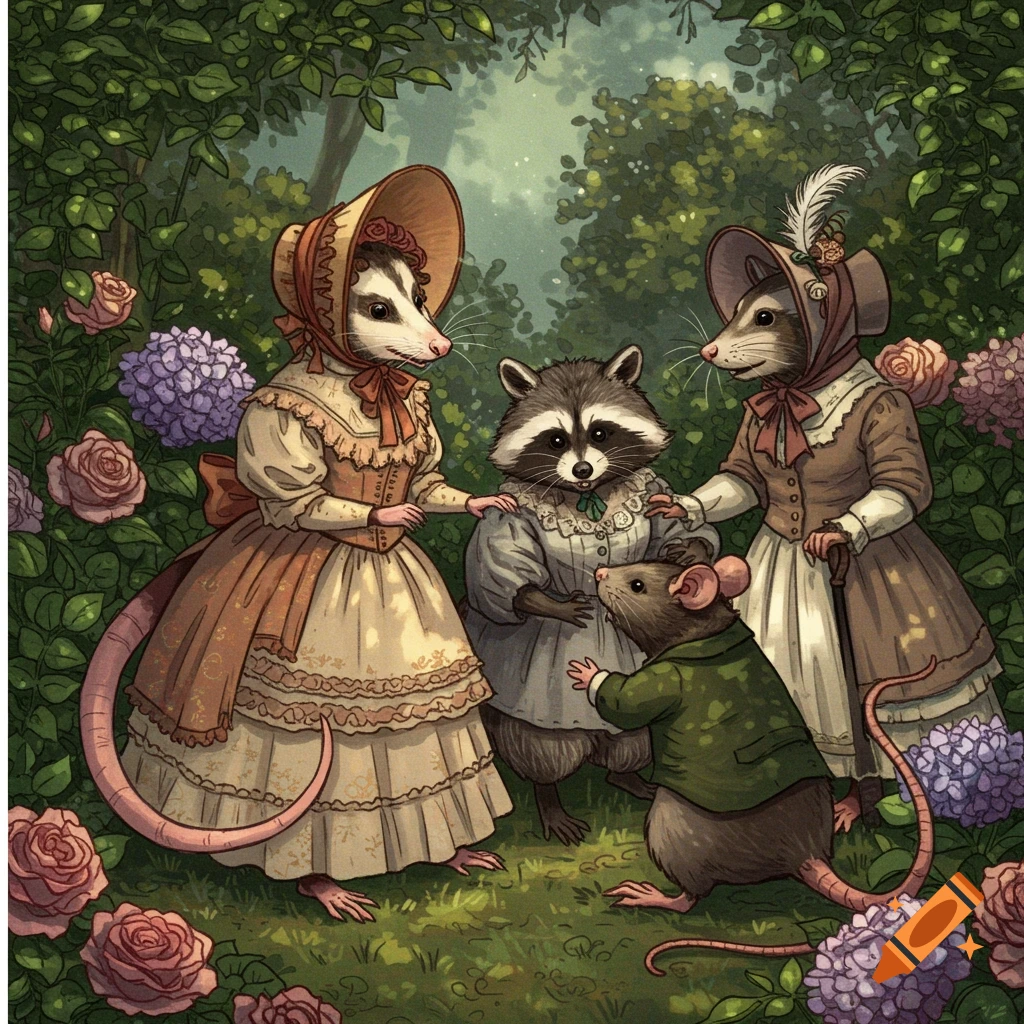Victorian-style possum, raccoon, and rat frolicking on Craiyon