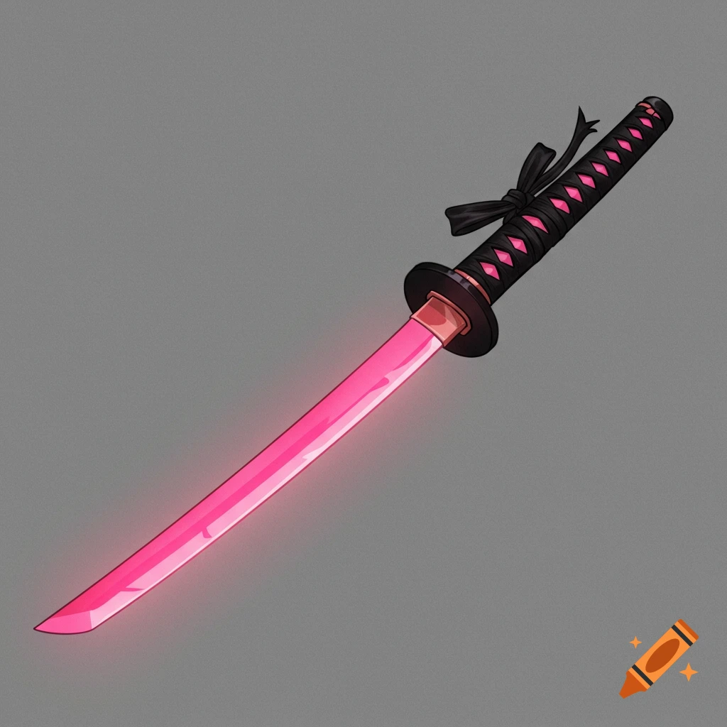 A pink and black glowing odachi sword with a bow on the handle. on Craiyon