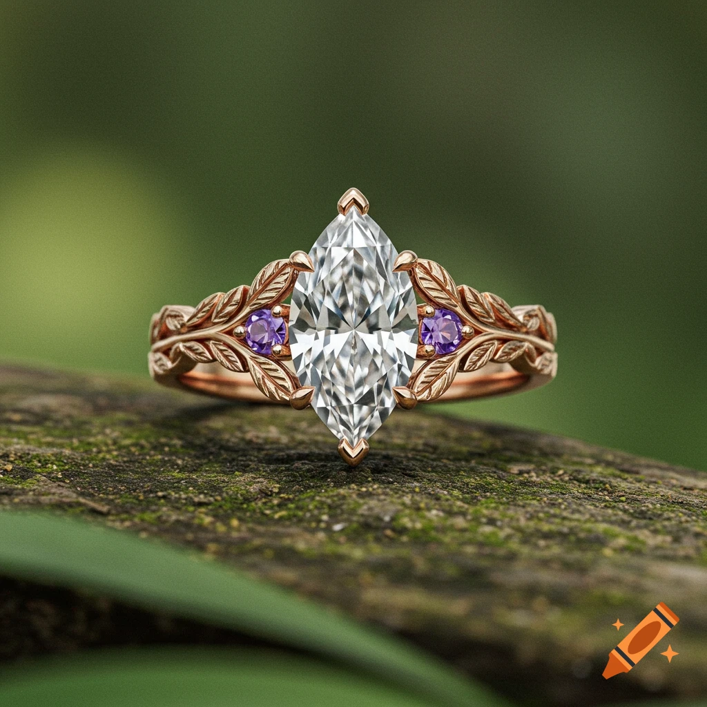 Nature-inspired engagement ring with marquise diamond, amethyst stones ...