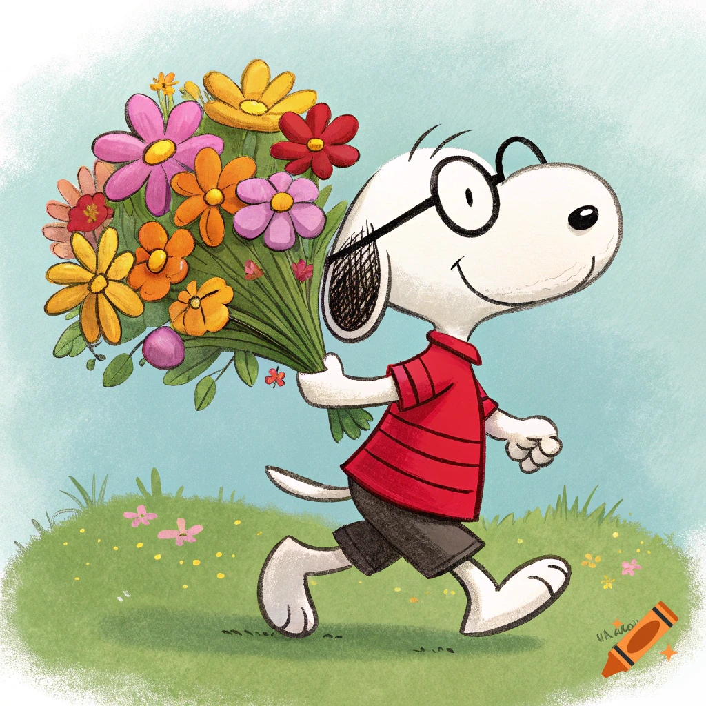 A watercolor painting of Snoopy and Hello Kitty outside "Snoopy's Pizza ...