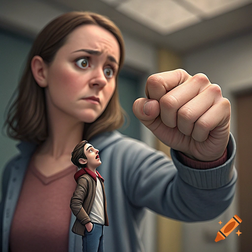 Woman holding a 3-inch shrunken man in her fist on Craiyon