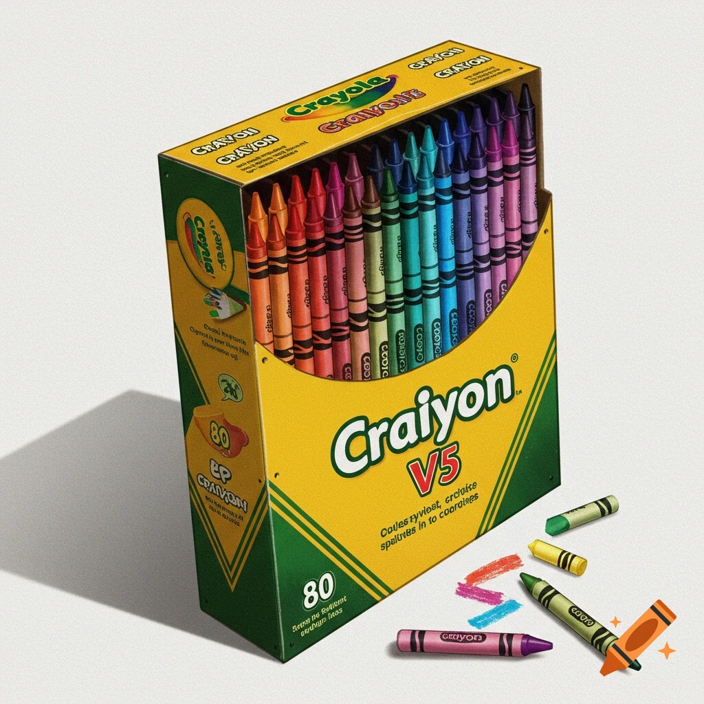 A yellow and green box of crayons, labeled "CrAIyon V5", standing ...