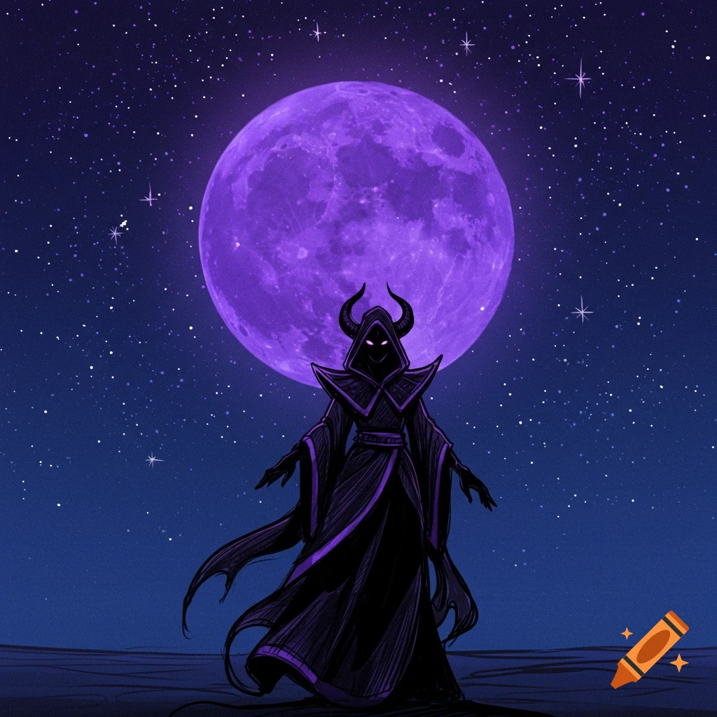 Sketch illustration of a robed figure with horns under a large purple ...