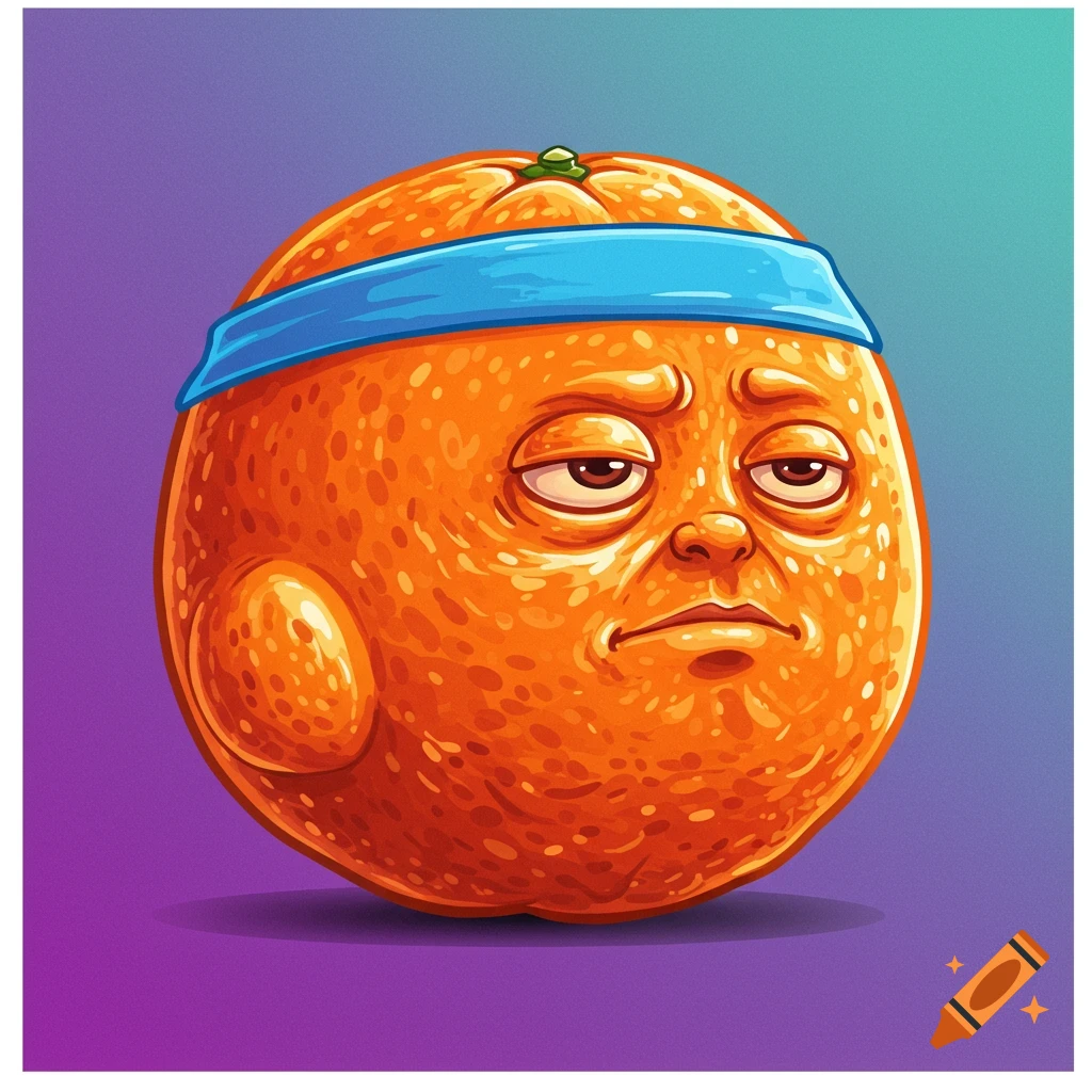 An orange character wearing a blue headband, looking tired. on Craiyon