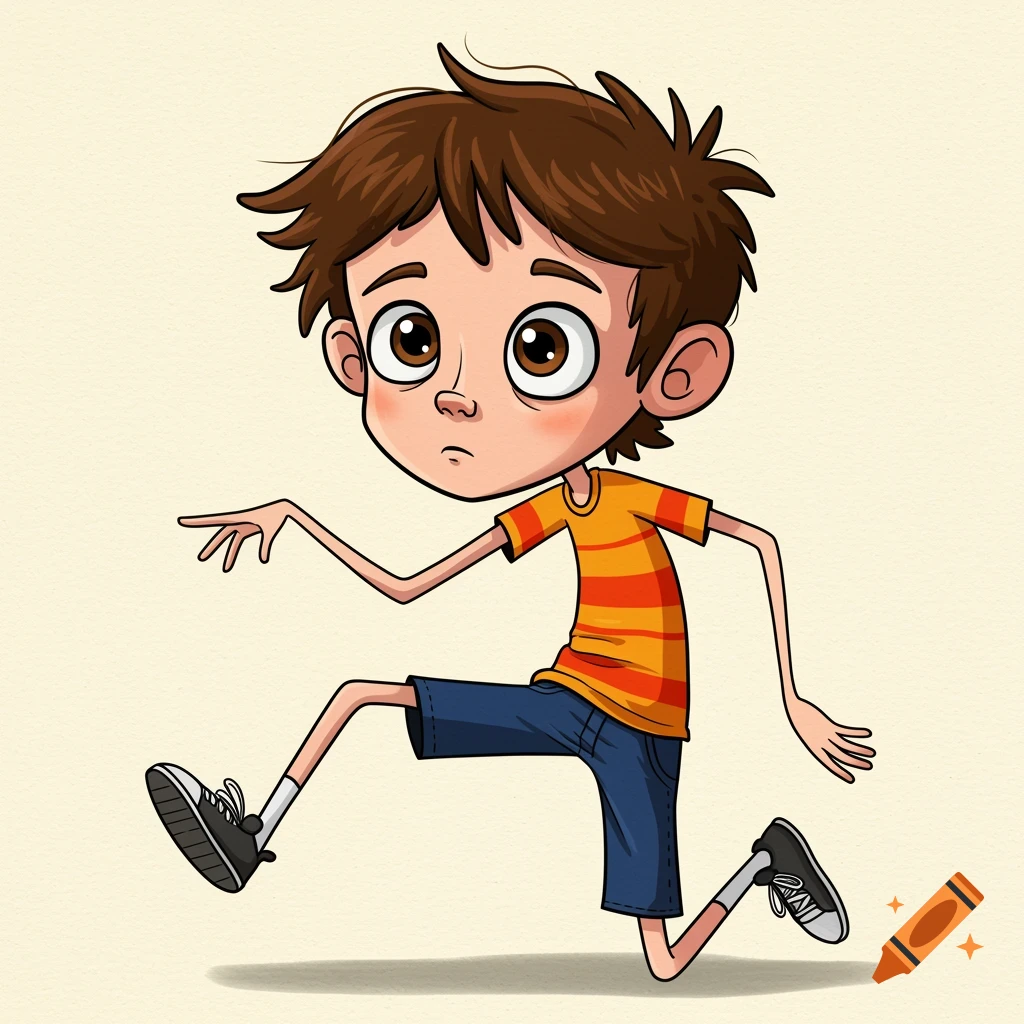 Drawing of a boy with brown hair, brown eyes, big head, and skinny body ...