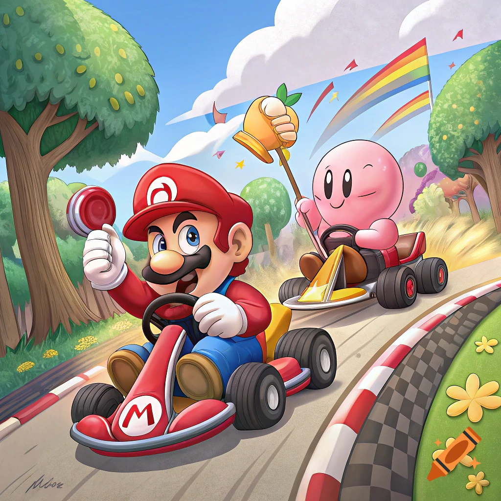 Mario and Kirby race go-karts on a track in a colorful cartoon style ...
