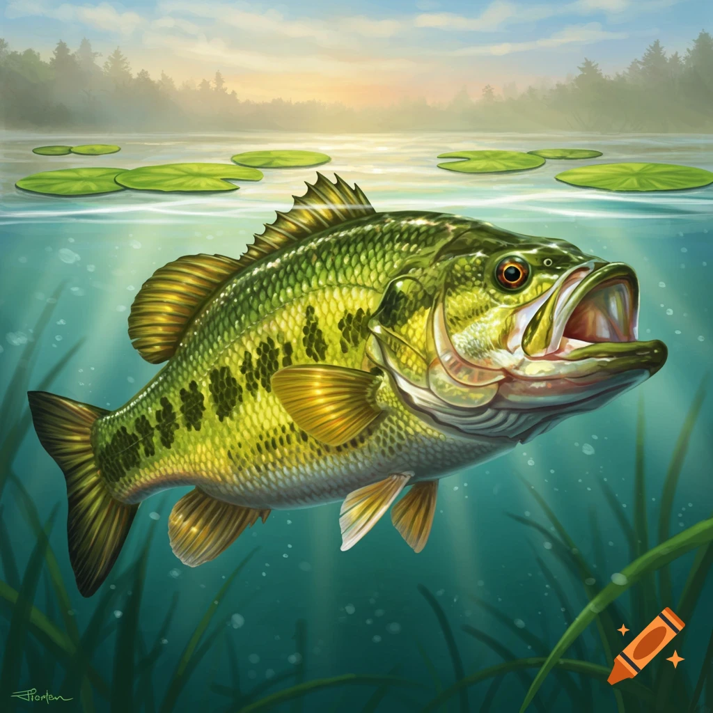 An illustration of a colorful peacock bass swimming underwater with ...