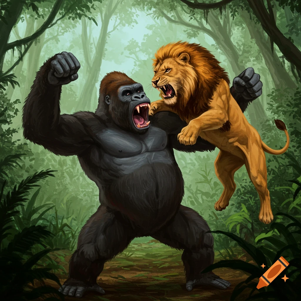 Pink gorilla fighting black bear in a forest illustration on Craiyon
