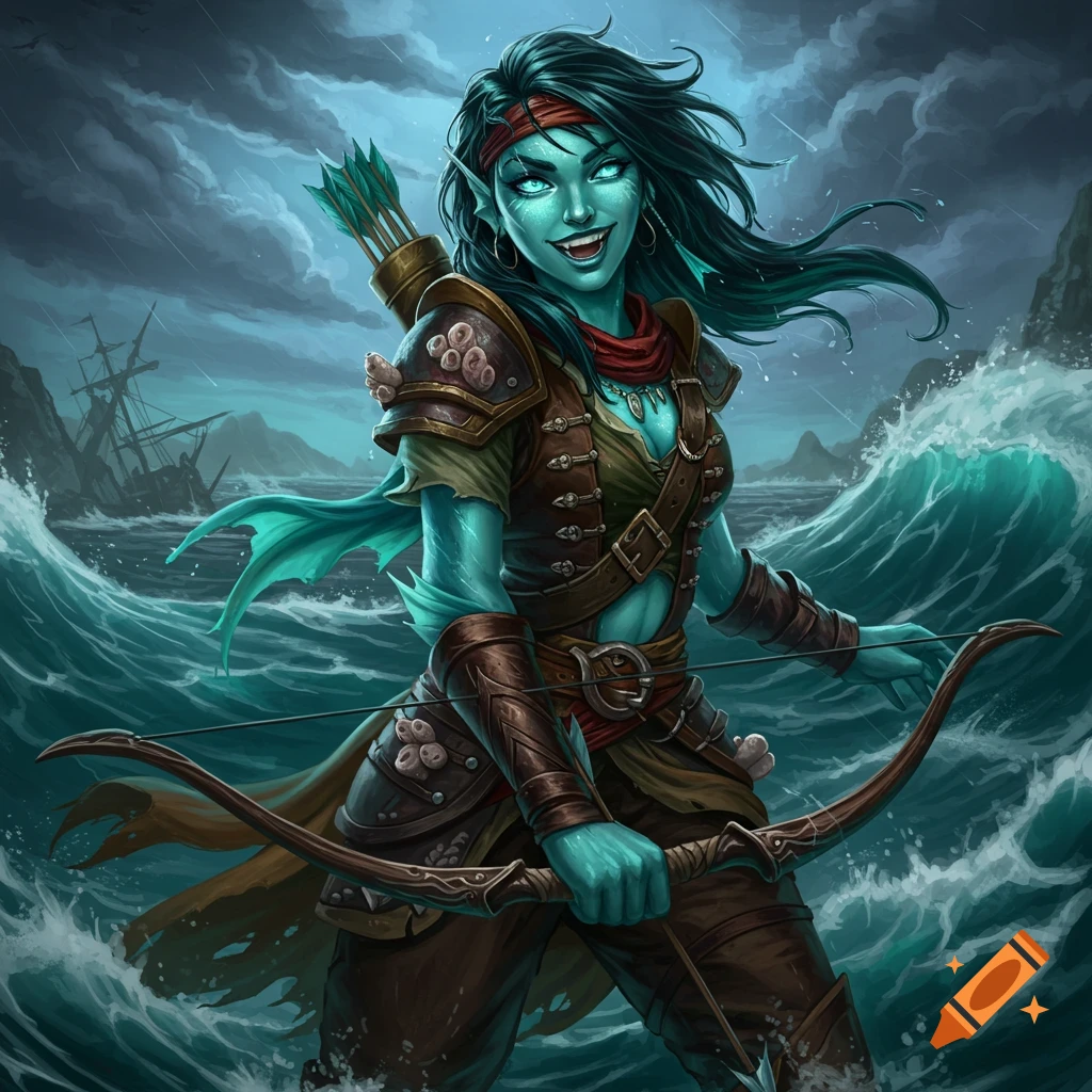 A blue-skinned female water genasi pirate ranger in stormy seas ...