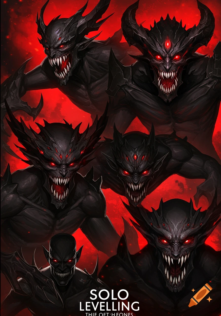 Multiple dark, monstrous demons with glowing red eyes and sharp teeth against a red background ...