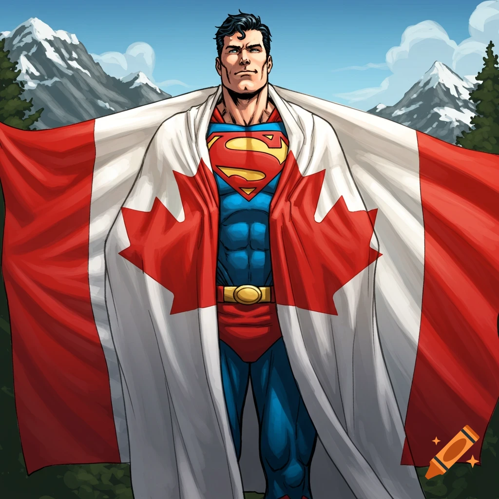 Superman draped in a Canadian flag in a mountain landscape, comic book ...