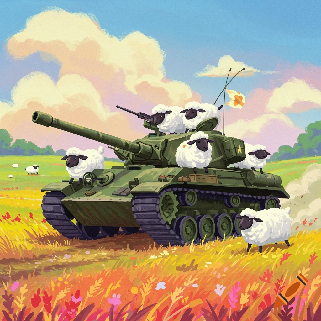 Several sheep on and around a green military tank in a sunny field on ...