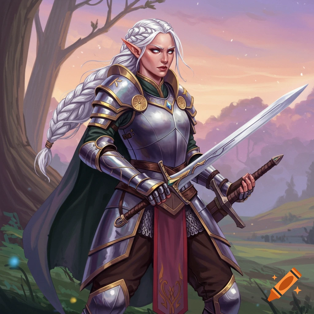 A male high elf paladin in silver and gold armor holding a sword in a ...