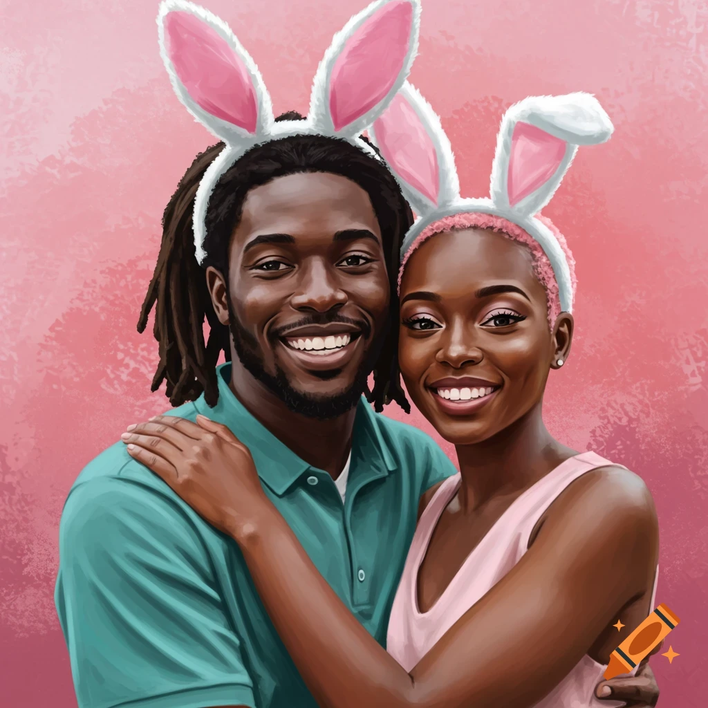 Happy African-American couple wearing Easter Bunny ears on Craiyon