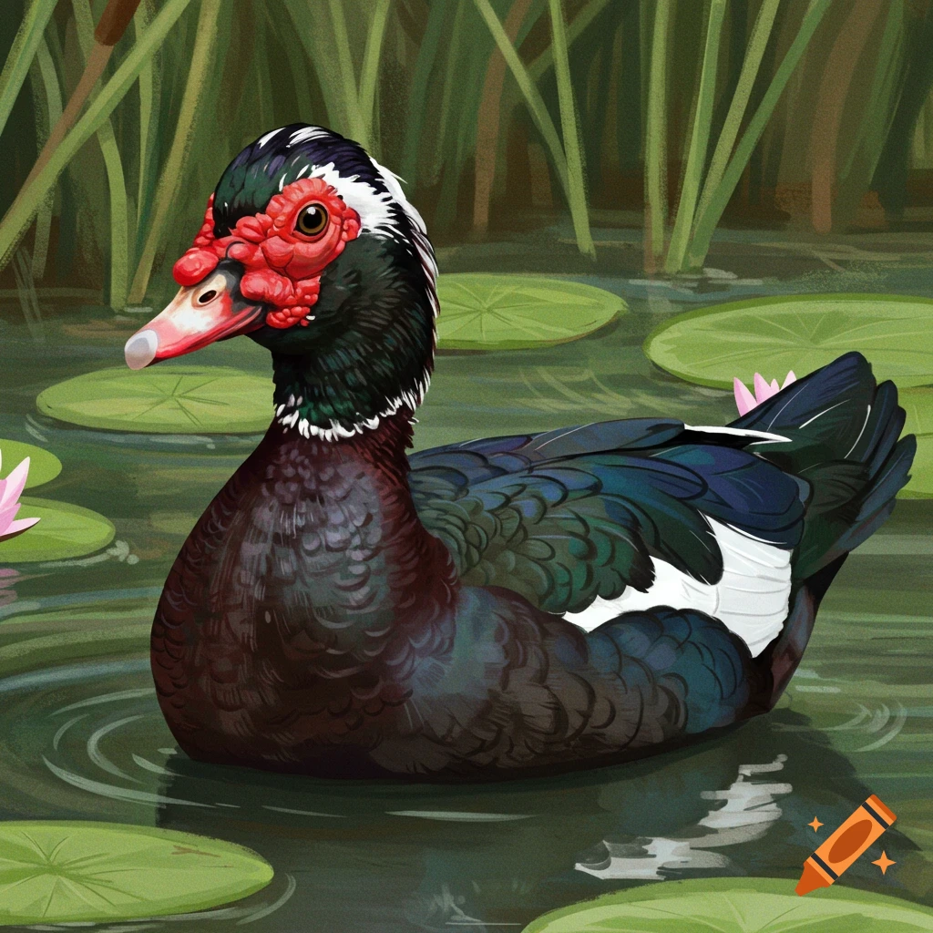 Neo-traditional tattoo illustration of a ruddy duck in a pond with lily ...