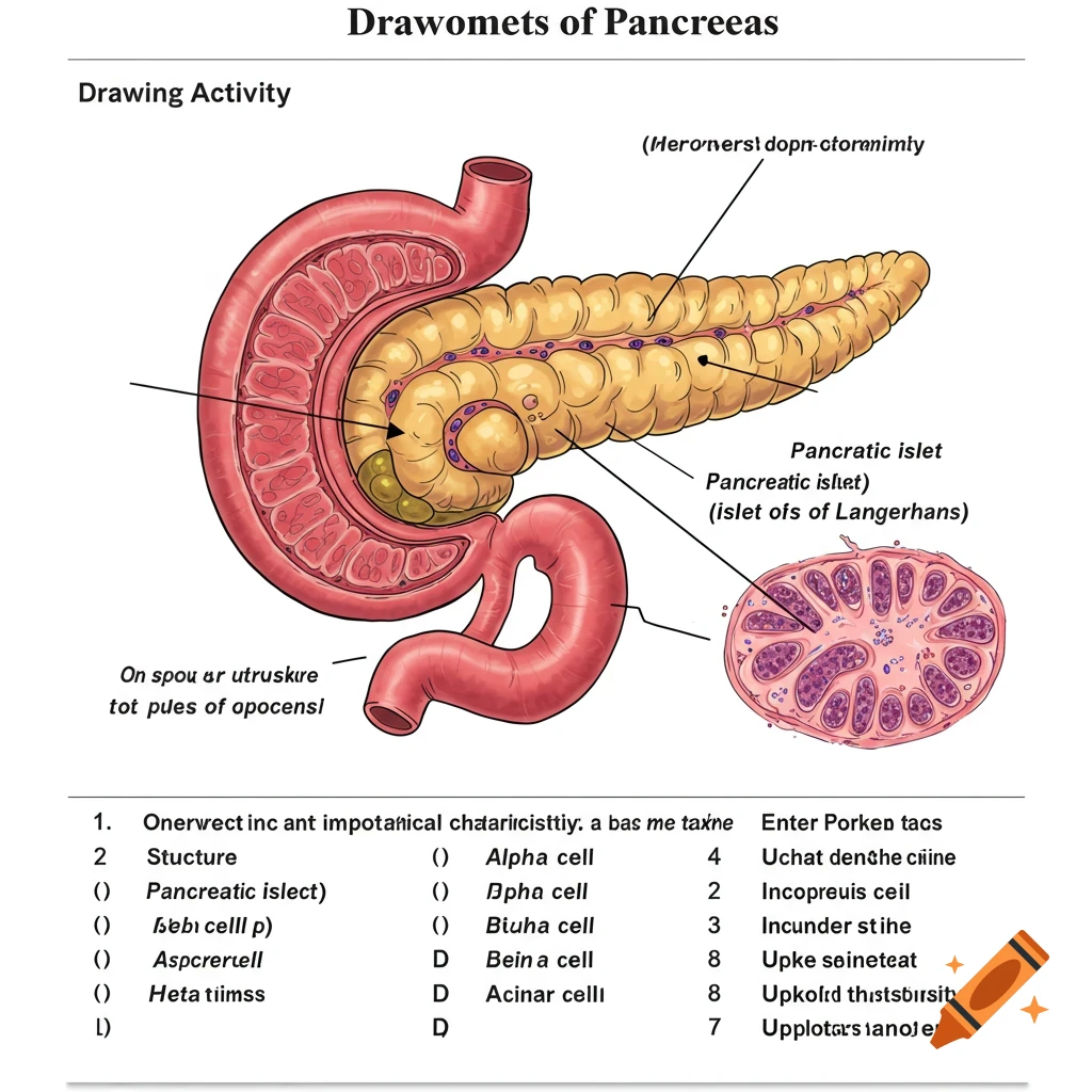 Drawing of pancreas components with histological characteristics on Craiyon
