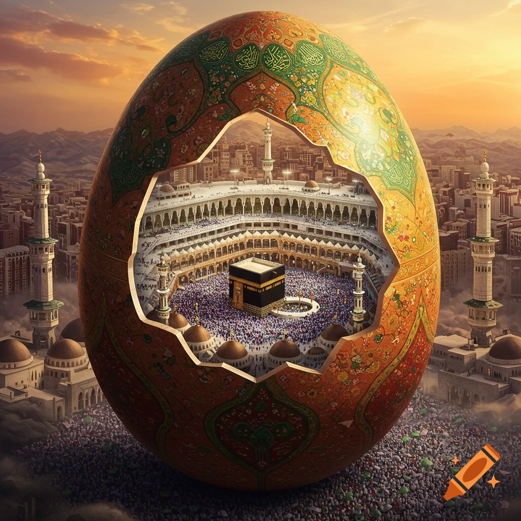 A family stands looking at the Kaaba in Mecca at sunset, surrounded by ...