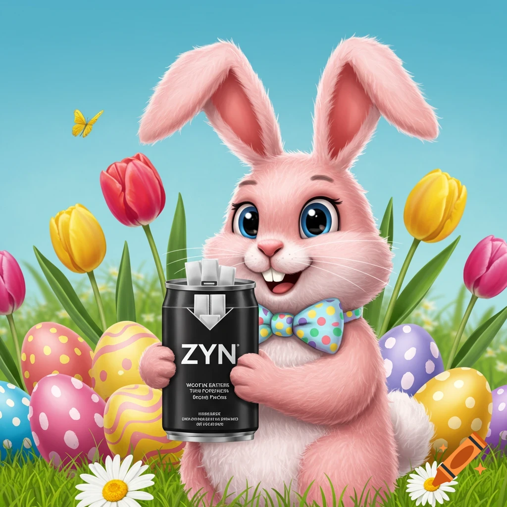Cartoon pink Easter bunny holds a black can among Easter eggs and ...