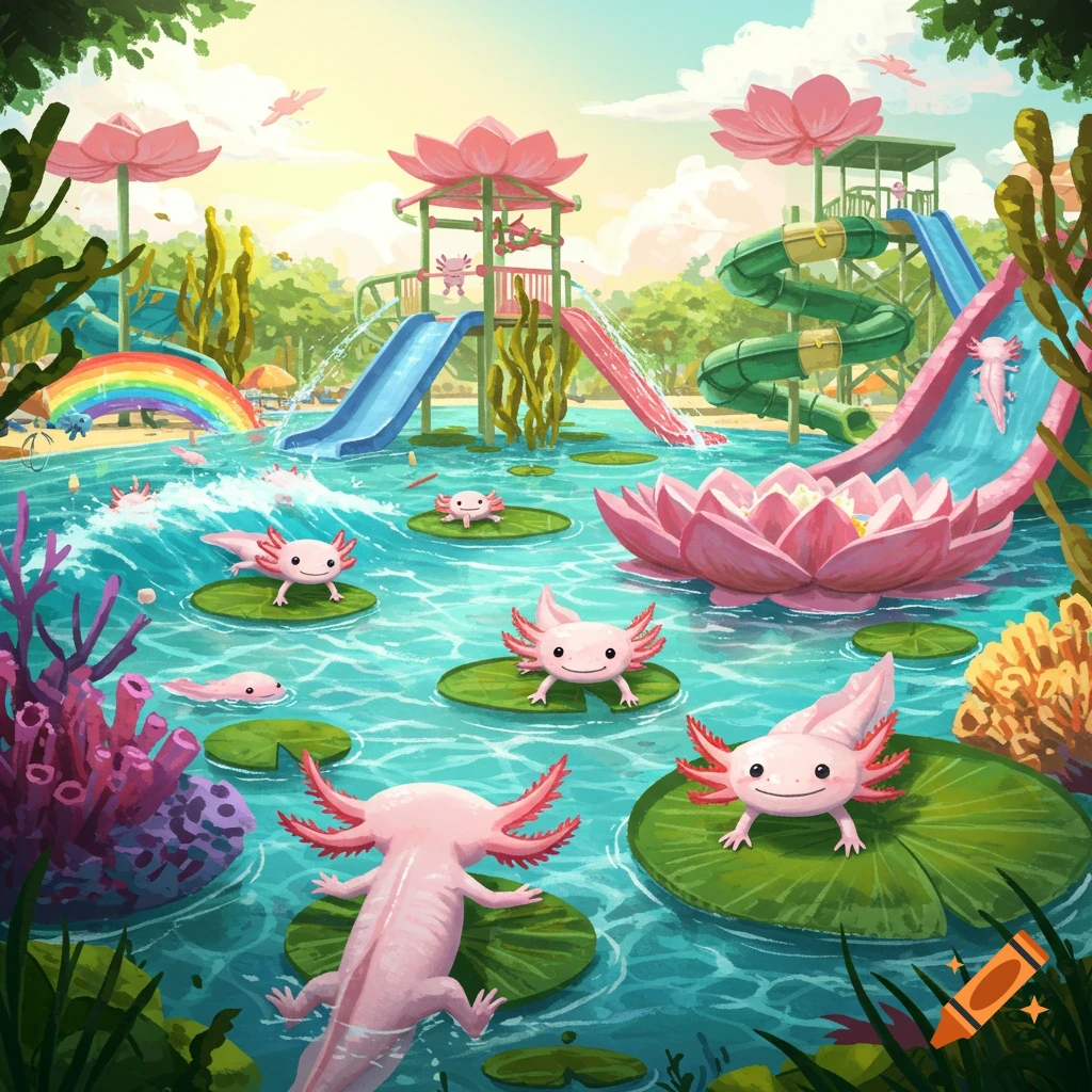 Pink axolotls are playing in a colorful water park with slides, lotus ...