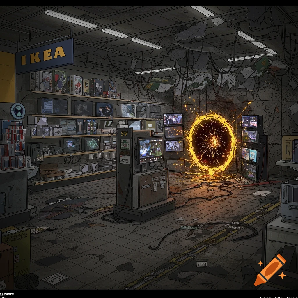 A dystopian electronics store resembling IKEA, with a glowing sci-fi ...