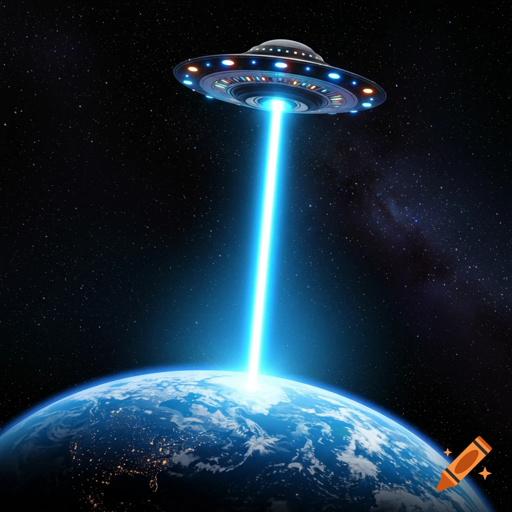 A UFO shining a blue laser beam onto Earth from space. on Craiyon