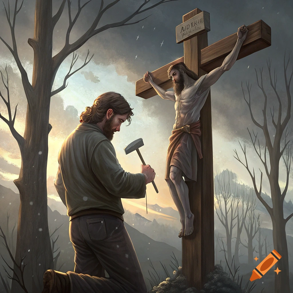 Illustration of a man kneeling with a hammer before Jesus on a cross in a dramatic landscape. on ...
