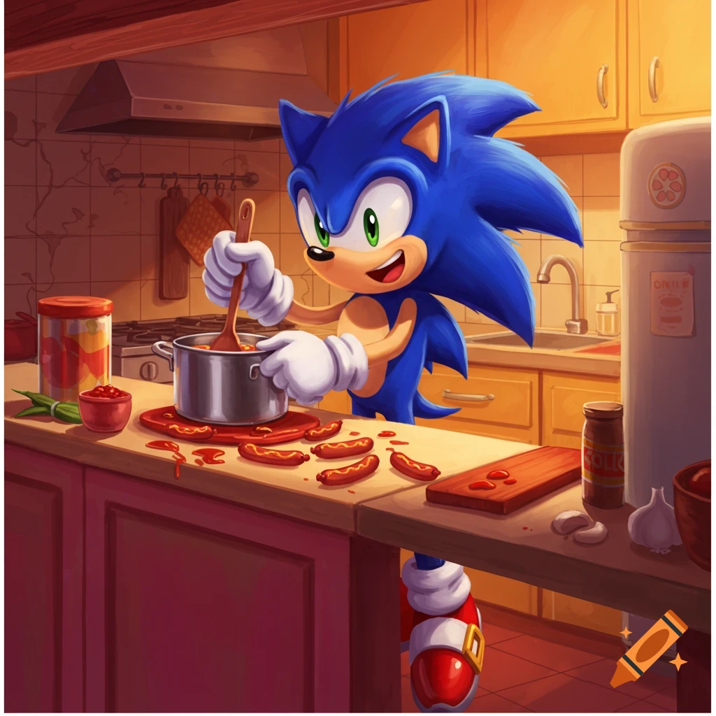 Sonic the Hedgehog cooking in a kitchen, stirring a pot of chili over ...