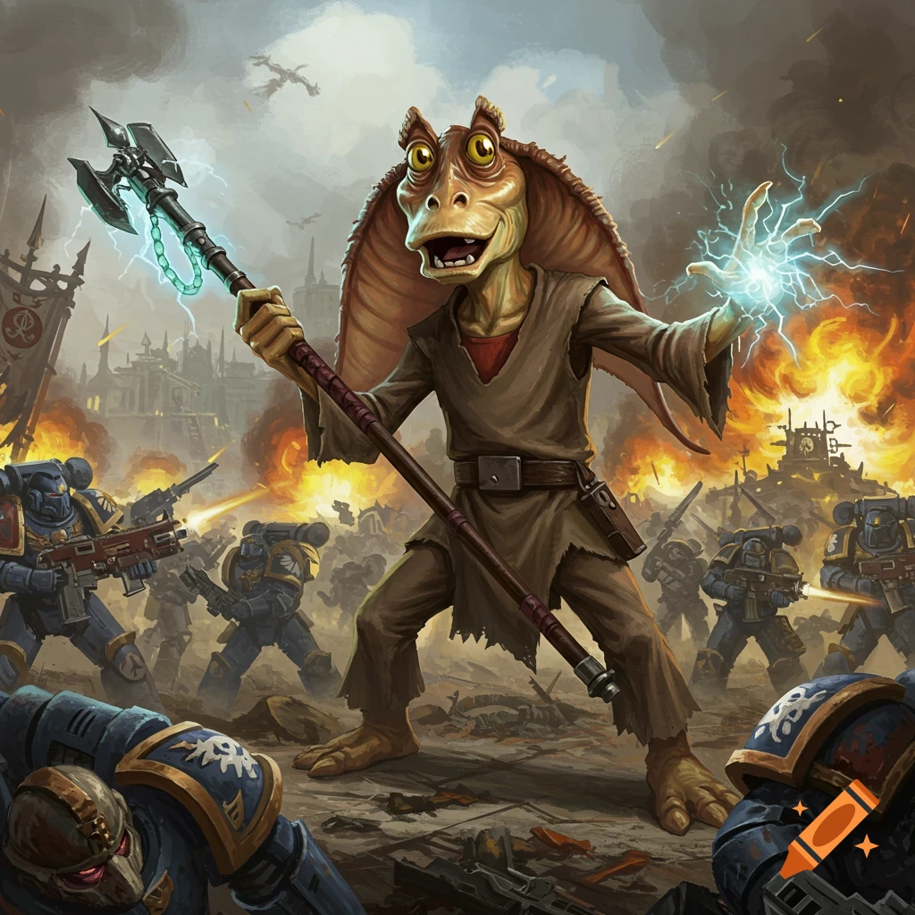 Jar Jar Binks playing Auspex Tactics in Warhammer on Craiyon