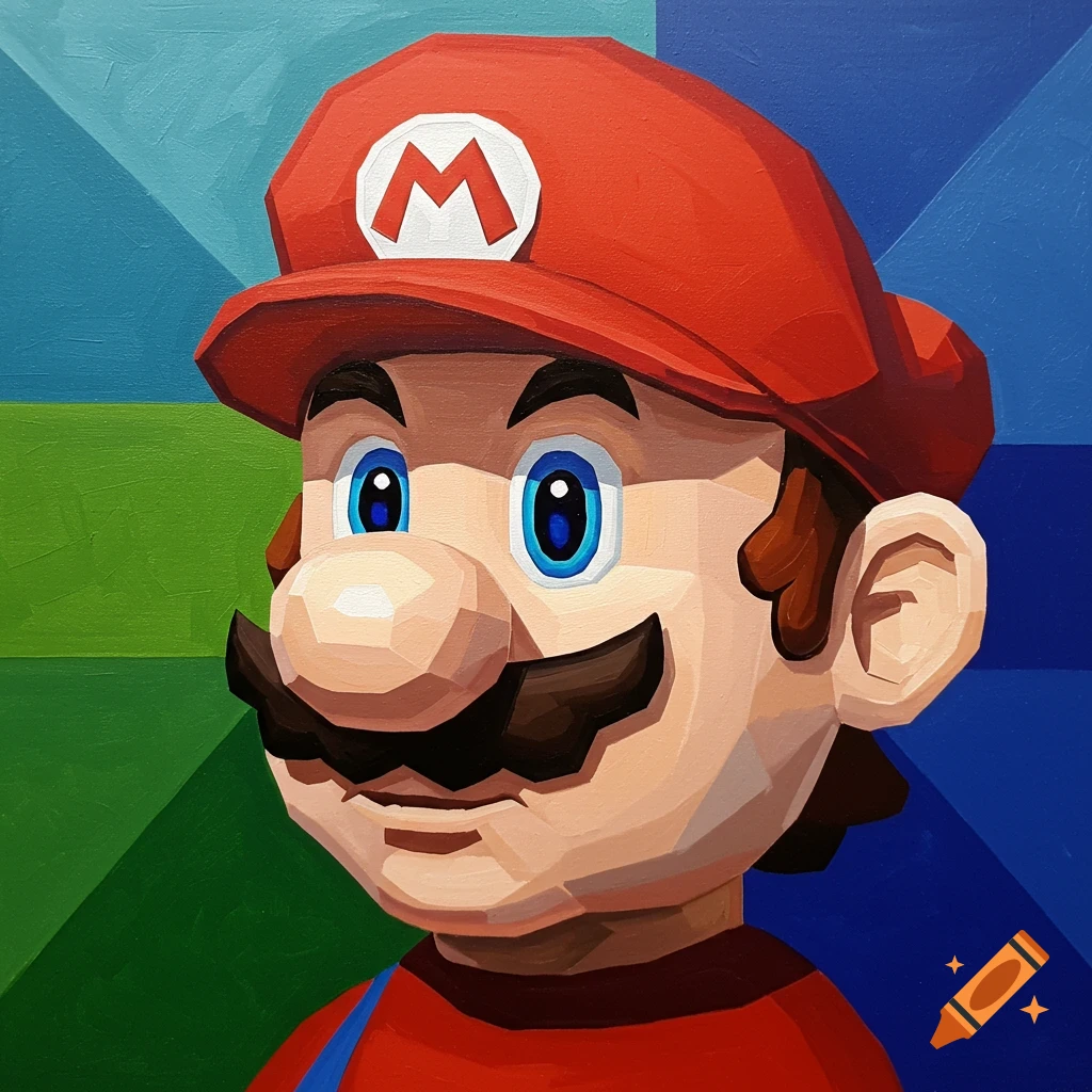 Cubist style painting of Mario's head with a red hat against a ...