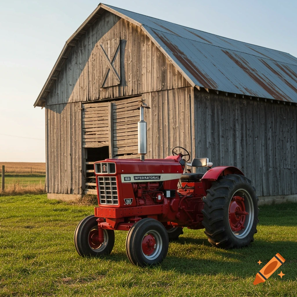 An old red tractor sits in a green field in front of a weathered wooden ...