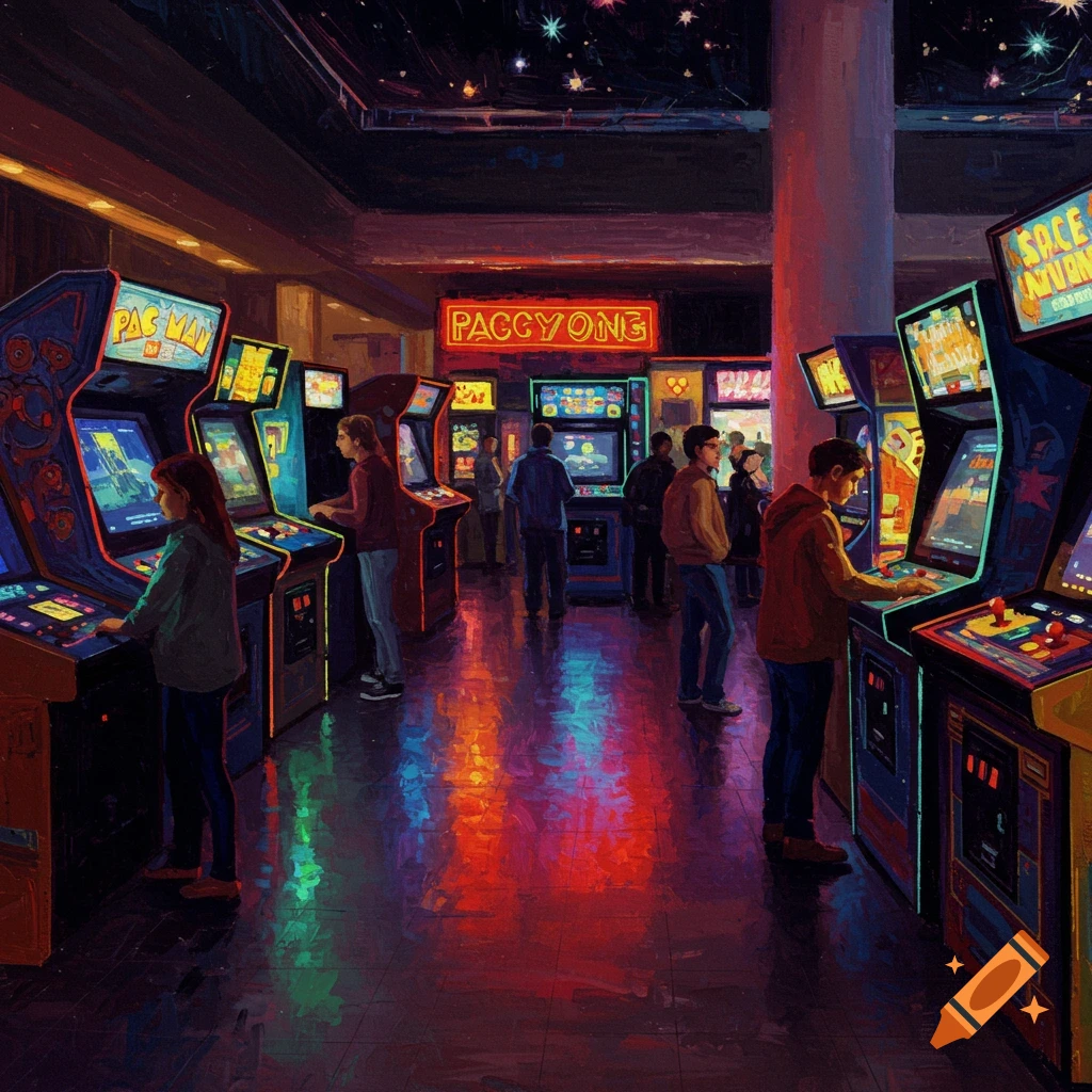 1980s arcade in mall at night with neon in Van Gogh art style on Craiyon