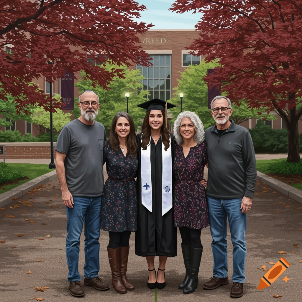 A family poses with a graduate in a cap and gown on a college campus ...