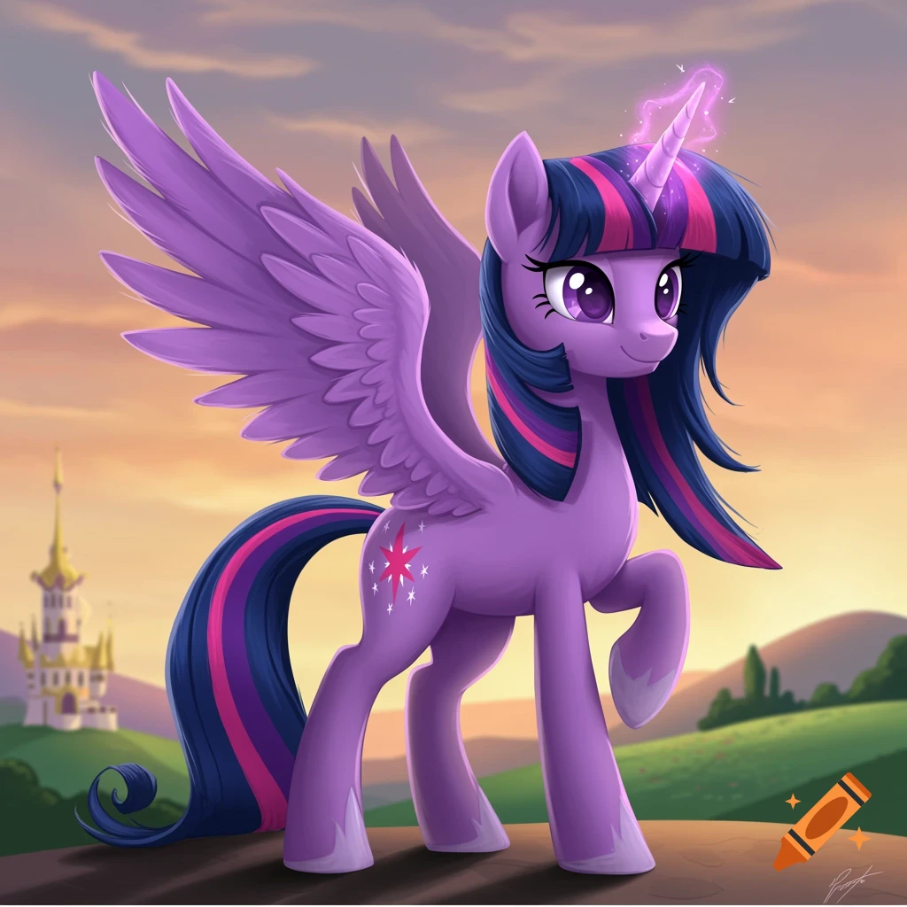 Two purple unicorn ponies and one white pegasus pony in a field with ...