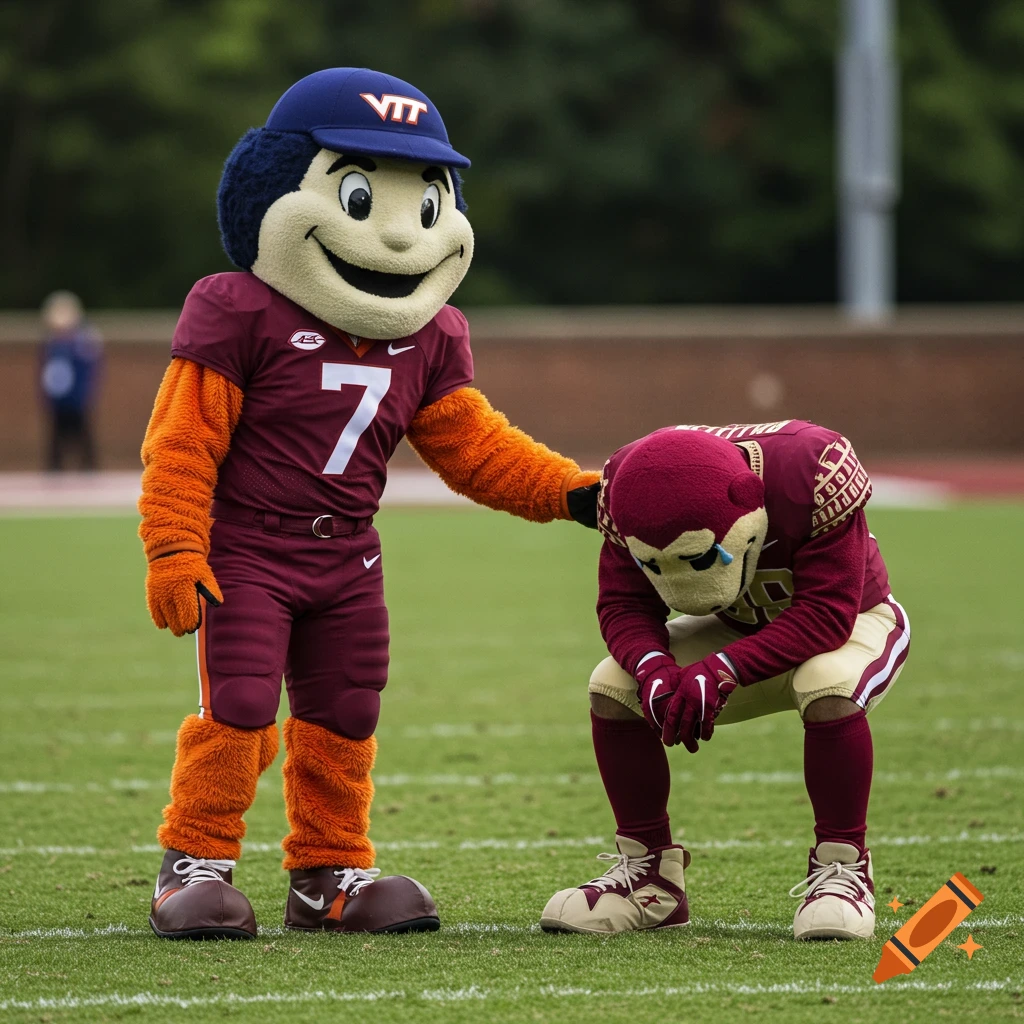 Virginia Tech mascot consoling Florida State Seminole mascot on Craiyon