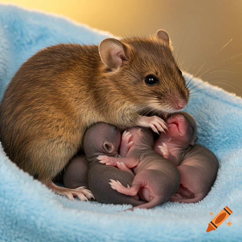 Brown mother mouse cradling her babies in soft blue cushioning on Craiyon