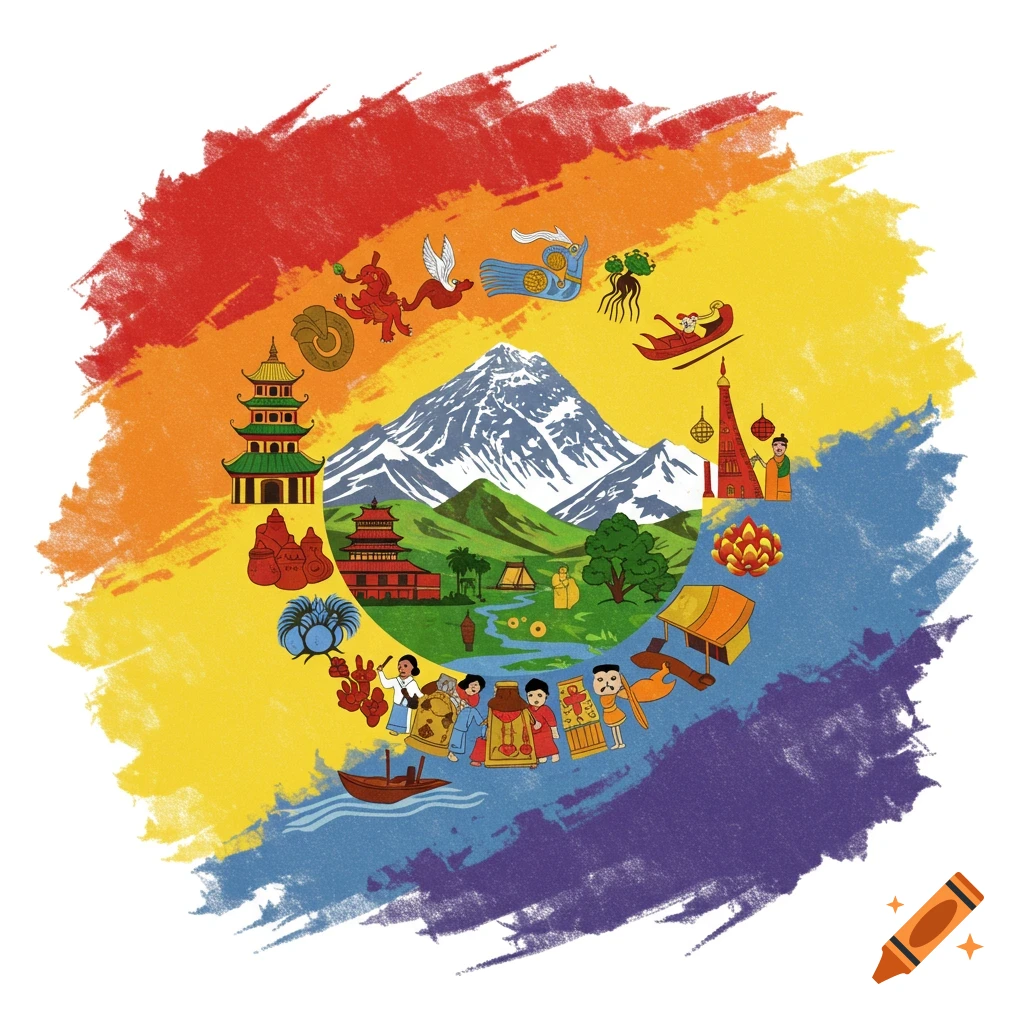 Illustrating Asian culture with symbols, buildings, people, and ...