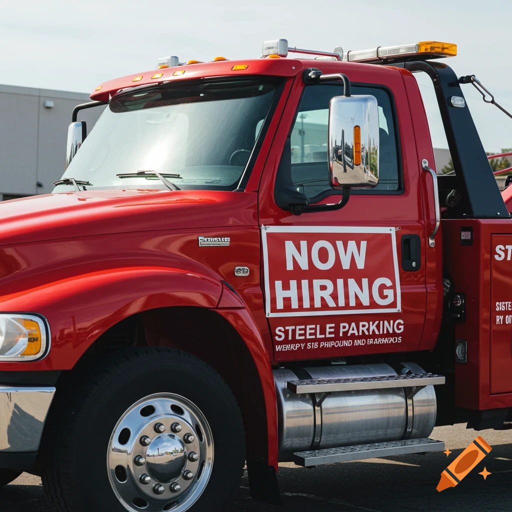 Tow truck now hiring sign for Steele Impound and Parking on Craiyon