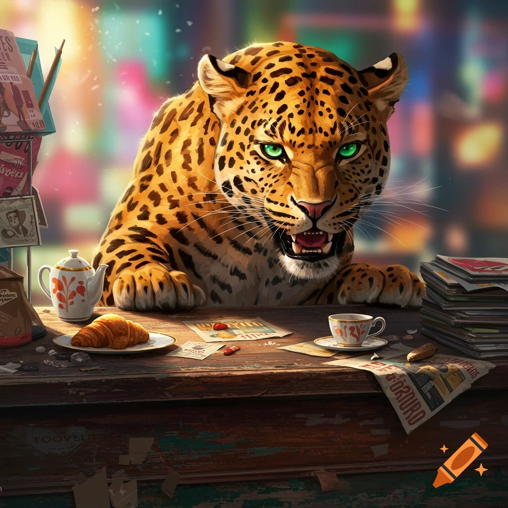 Angry leopard behind a store counter on Craiyon