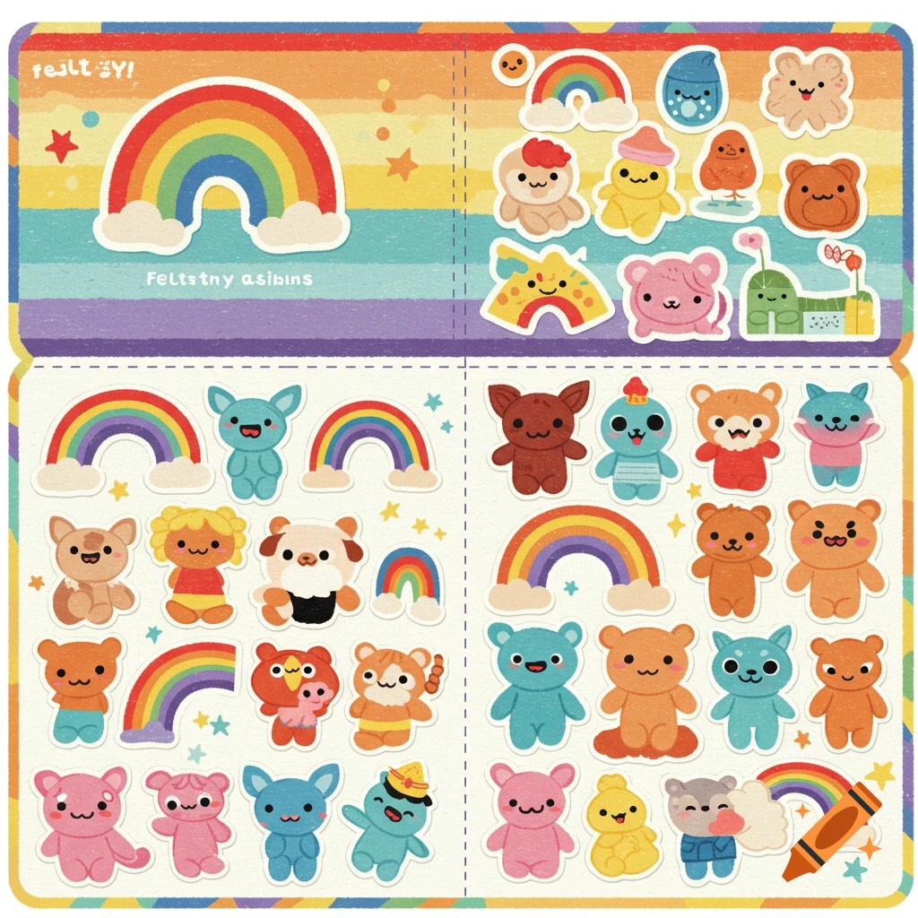 Retro 90s sticker album design with rainbow colors and logo. on Craiyon