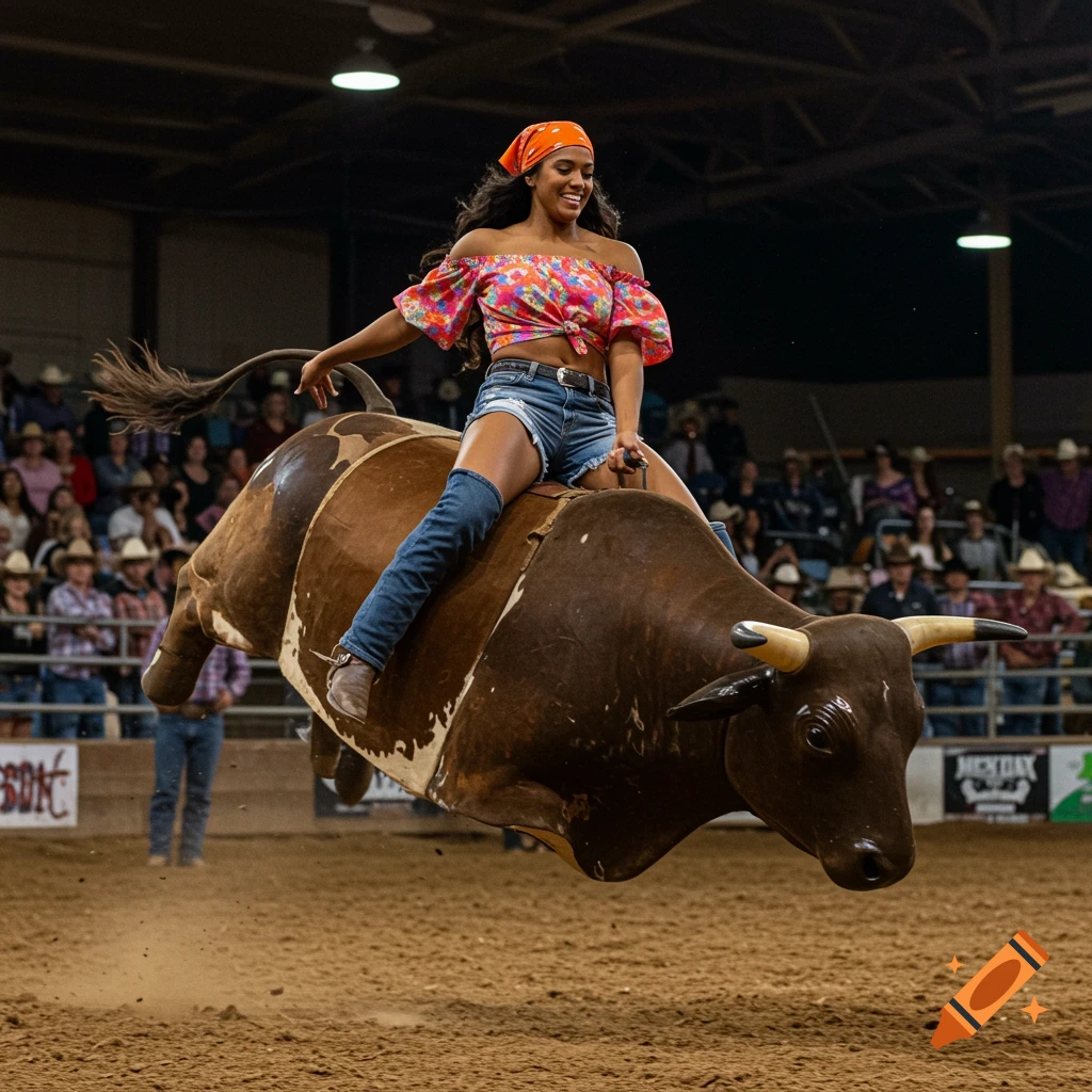 A woman with an orange bandanna rides a mechanical bull in a rodeo ...