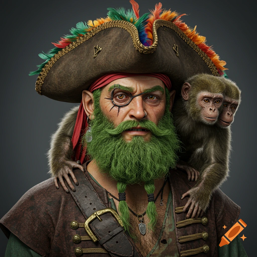 Pirate with green beard and three-headed monkey on Craiyon