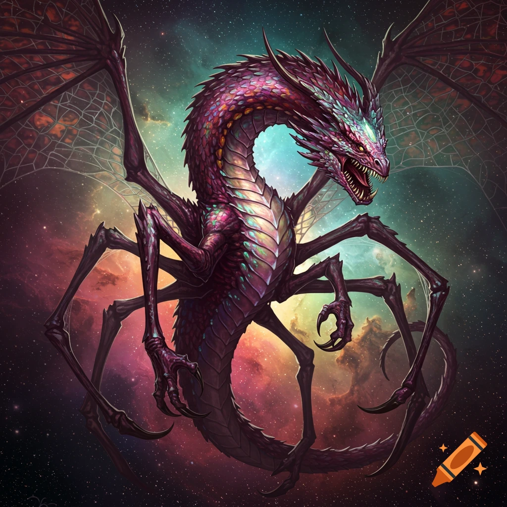 A spider-dragon creature with multiple legs and iridescent scales against a colorful space ...