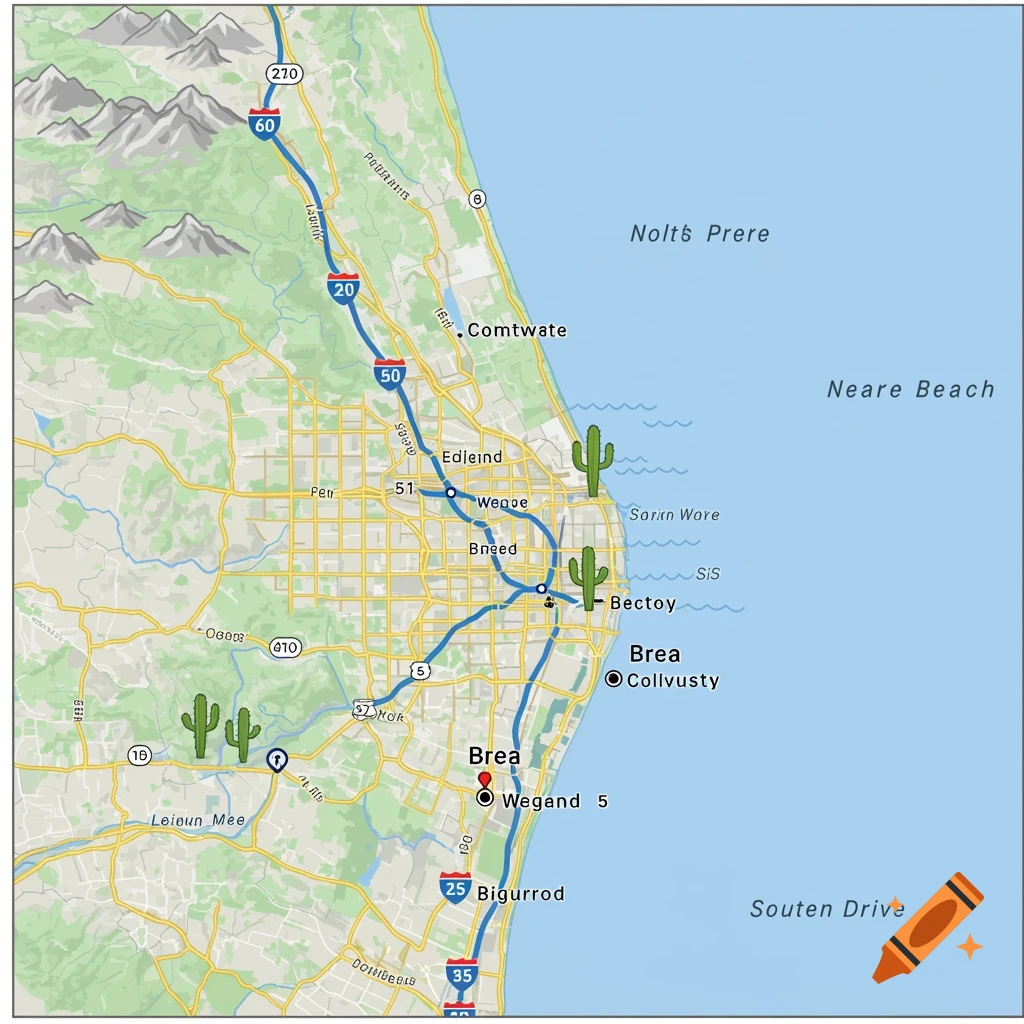 Map of Southern California freeways with geographical references and ...