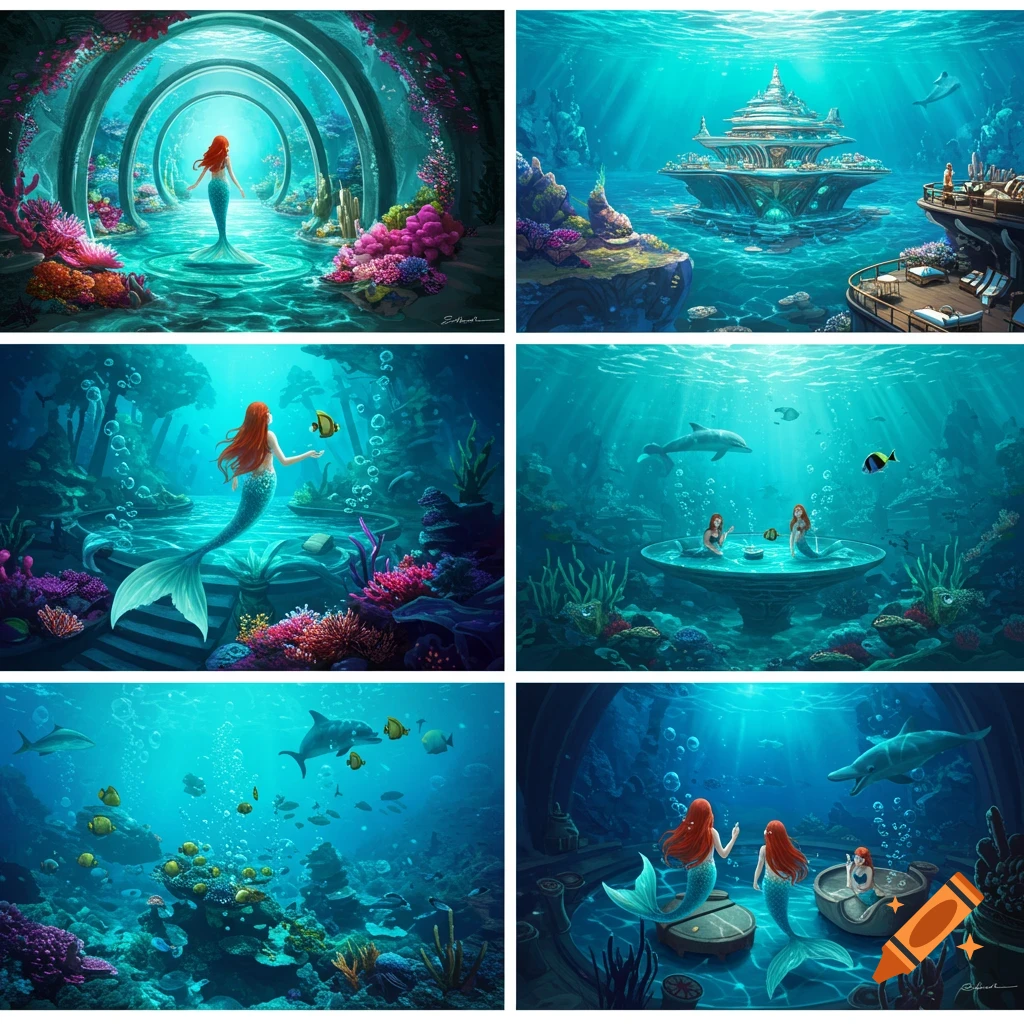Grid of underwater scenes with mermaids, coral, and structures. on Craiyon