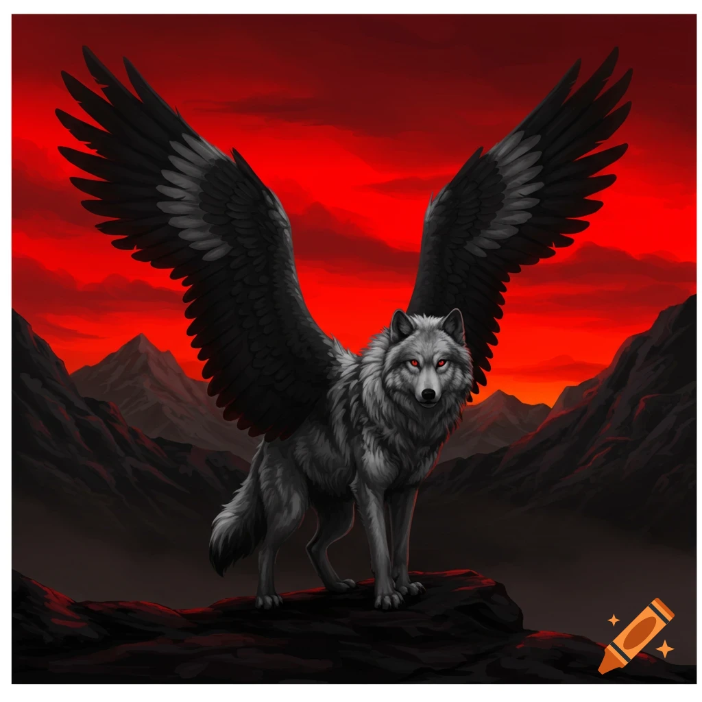 Black, white, and red winged wolf on landscape on Craiyon
