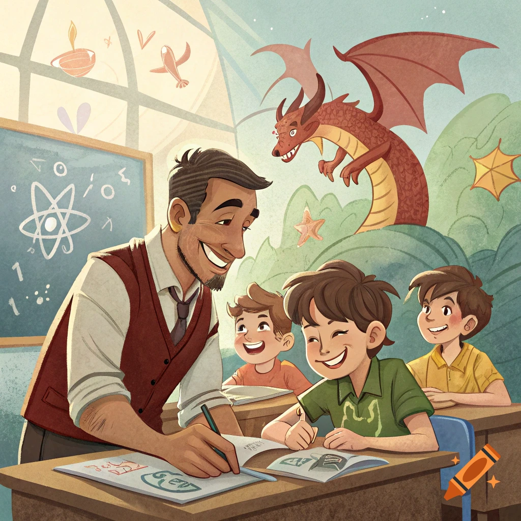 Sixth grade math class for boys with smiling male teacher in a cheerful ...