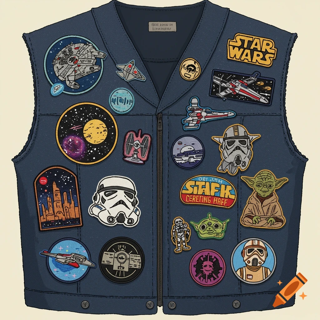 A denim vest covered in Star Wars and sci-fi themed embroidered patches ...