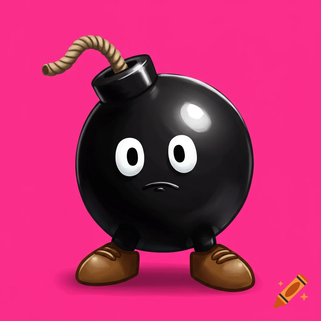 A cute cartoon bomb character with eyes and feet on Craiyon