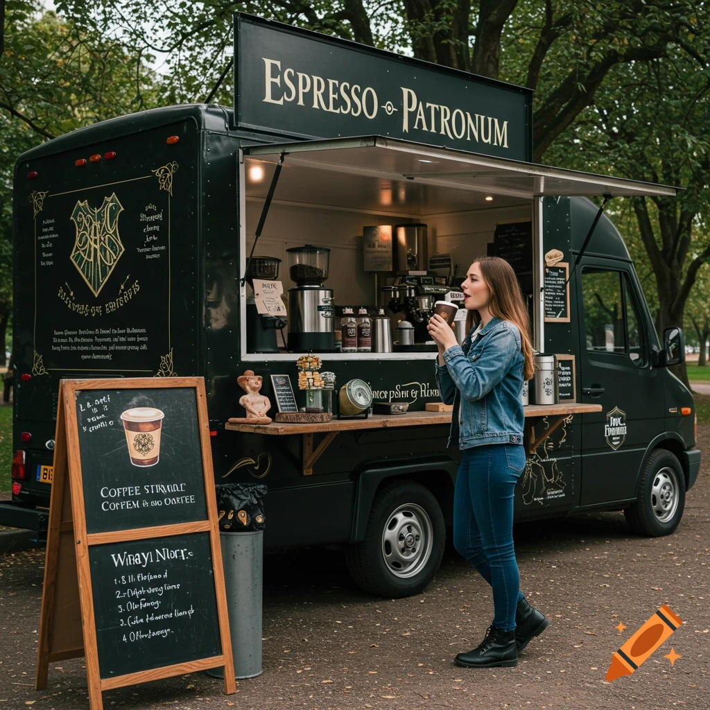 Woman getting coffee from Espresso Patronum truck in park on Craiyon